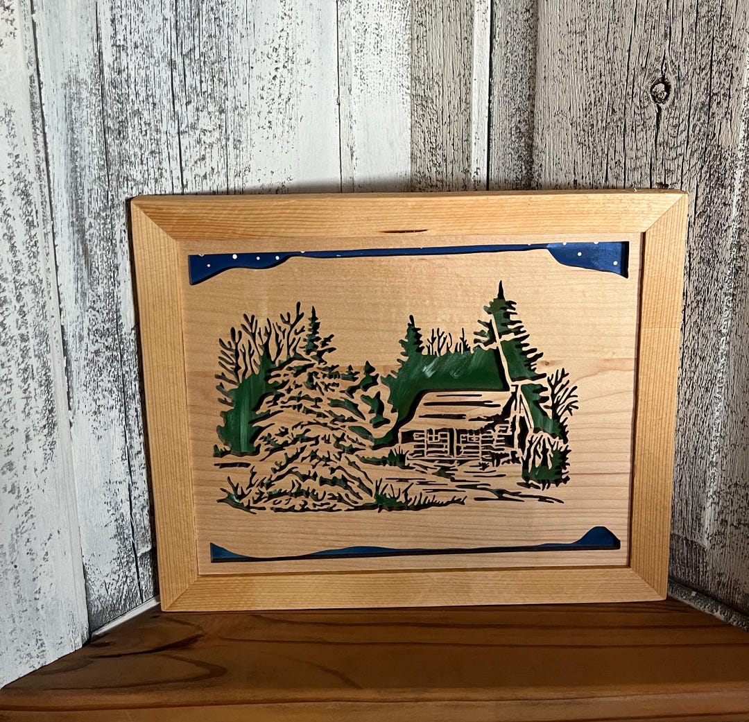 Wooden Cabin Scene, Nature Art, Scroll Saw Art, Hand Cut, USA Made ...