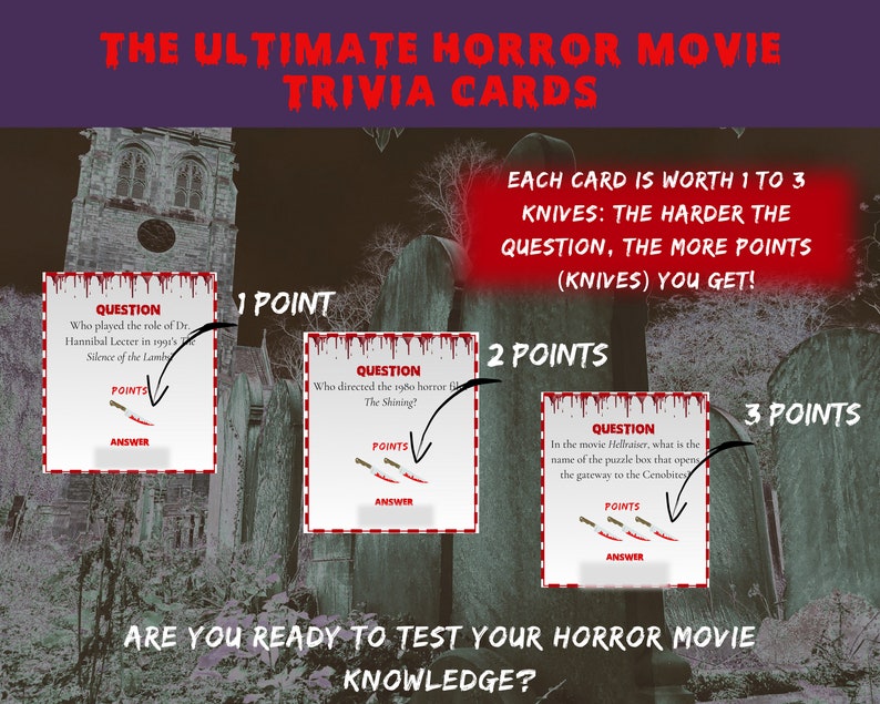 Horror Movie Trivia 250 Cards, Halloween Party Horror Film Game ...