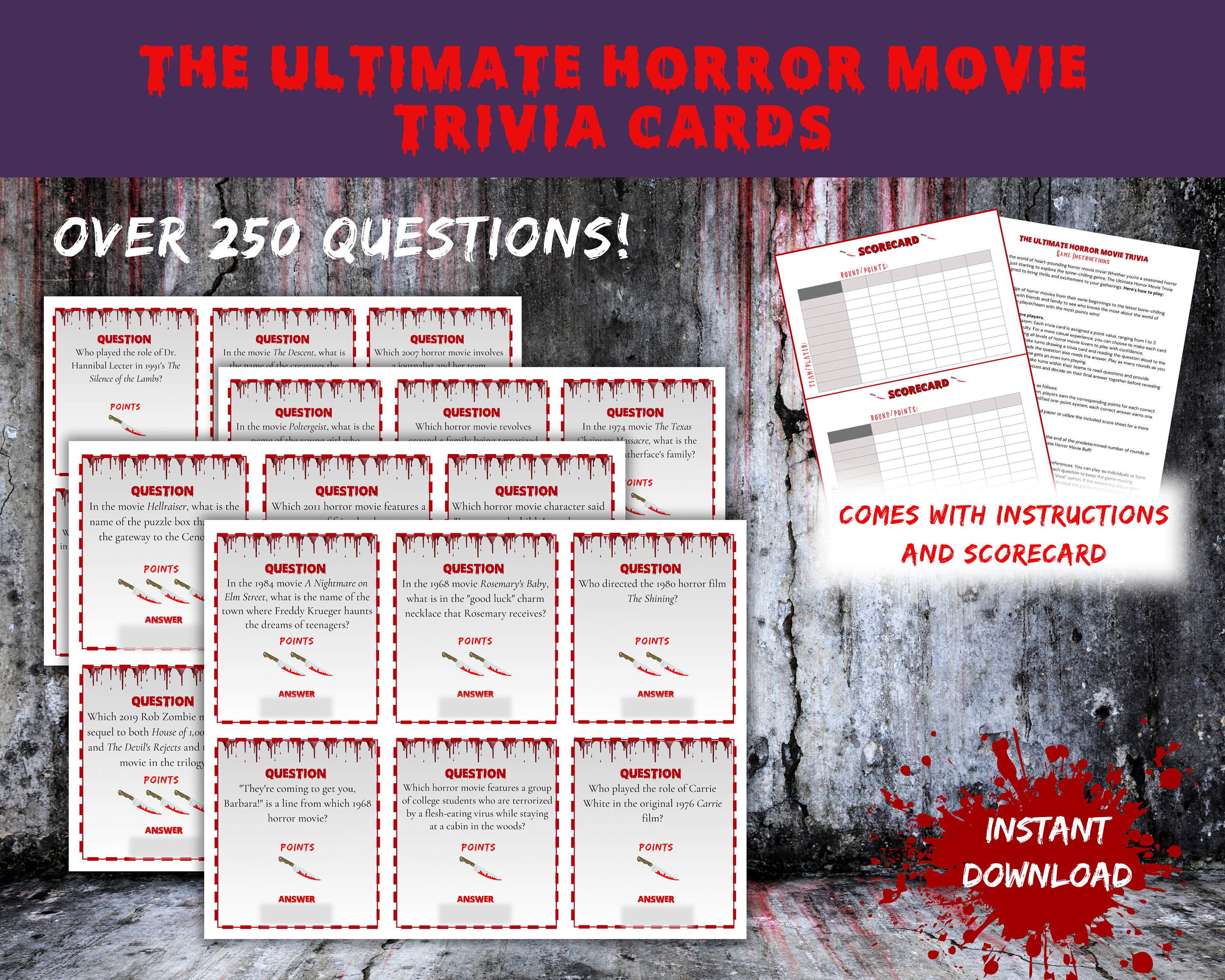 Horror Movie Trivia 250 Cards, Halloween Party Horror Film Game ...