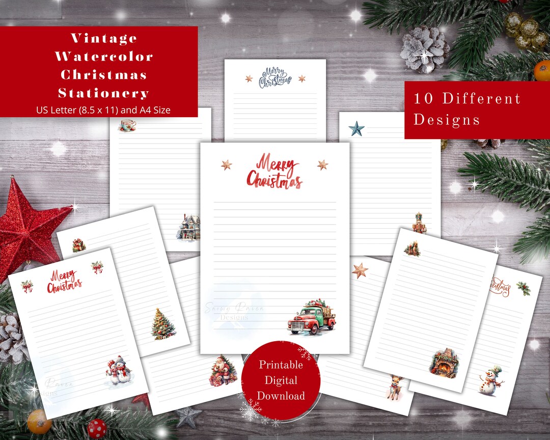 Vintage Christmas Watercolor Stationery Bundle, Printable Stationary ...