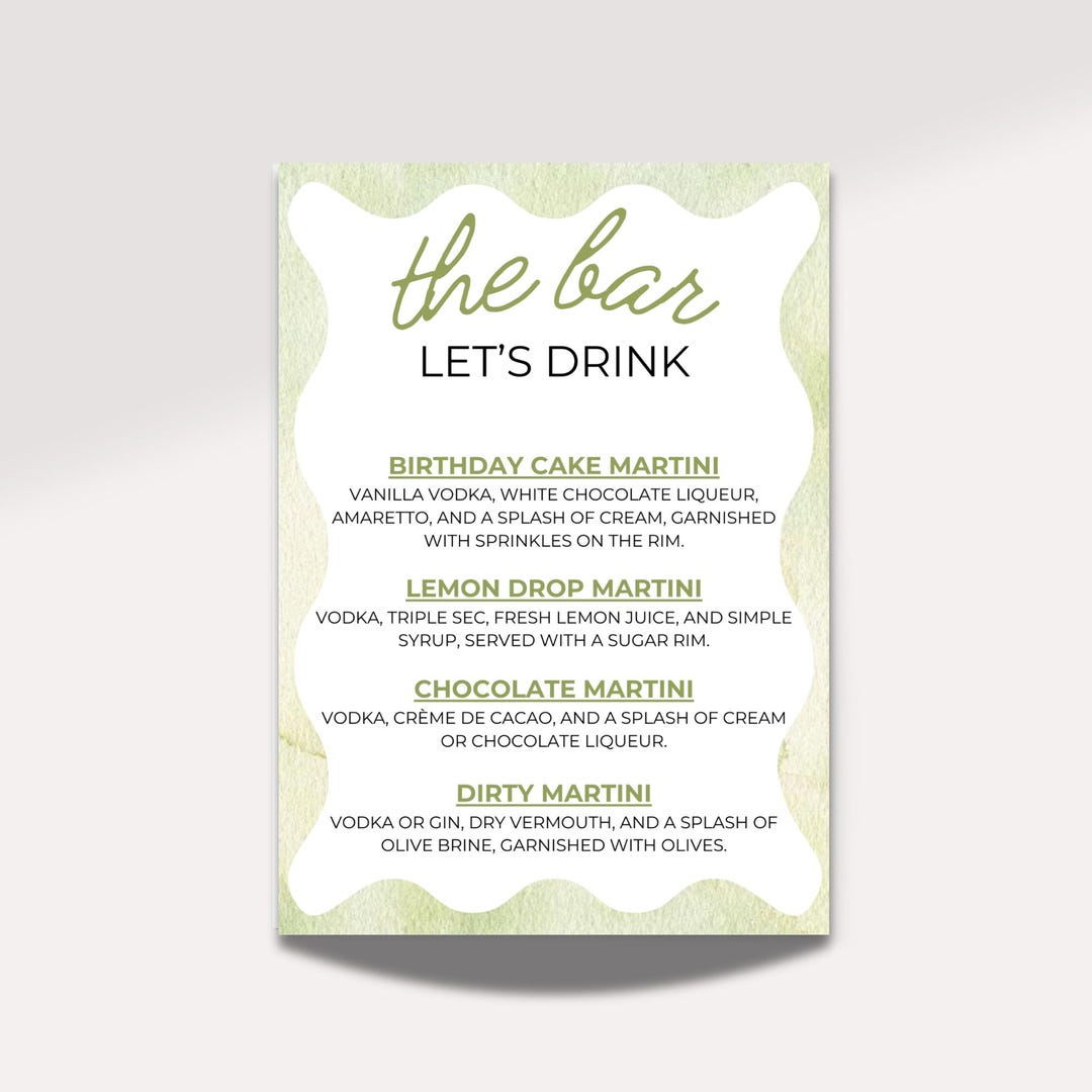 Tini Bit Older Birthday Bar Menu, Martini Drink Table, Bar Menu ...