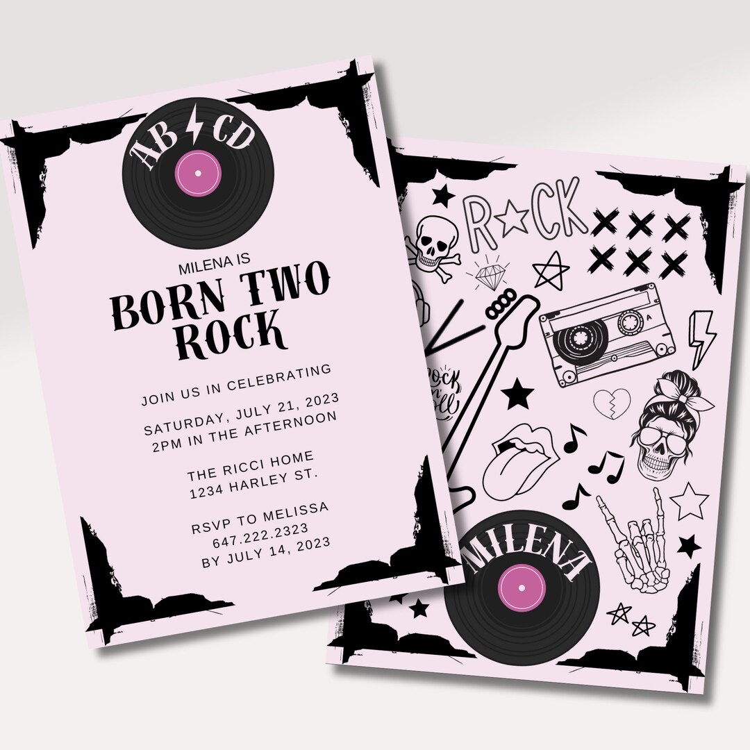 Born Two Rock 2nd Birthday Invitation, Pink Record Theme (canva ...