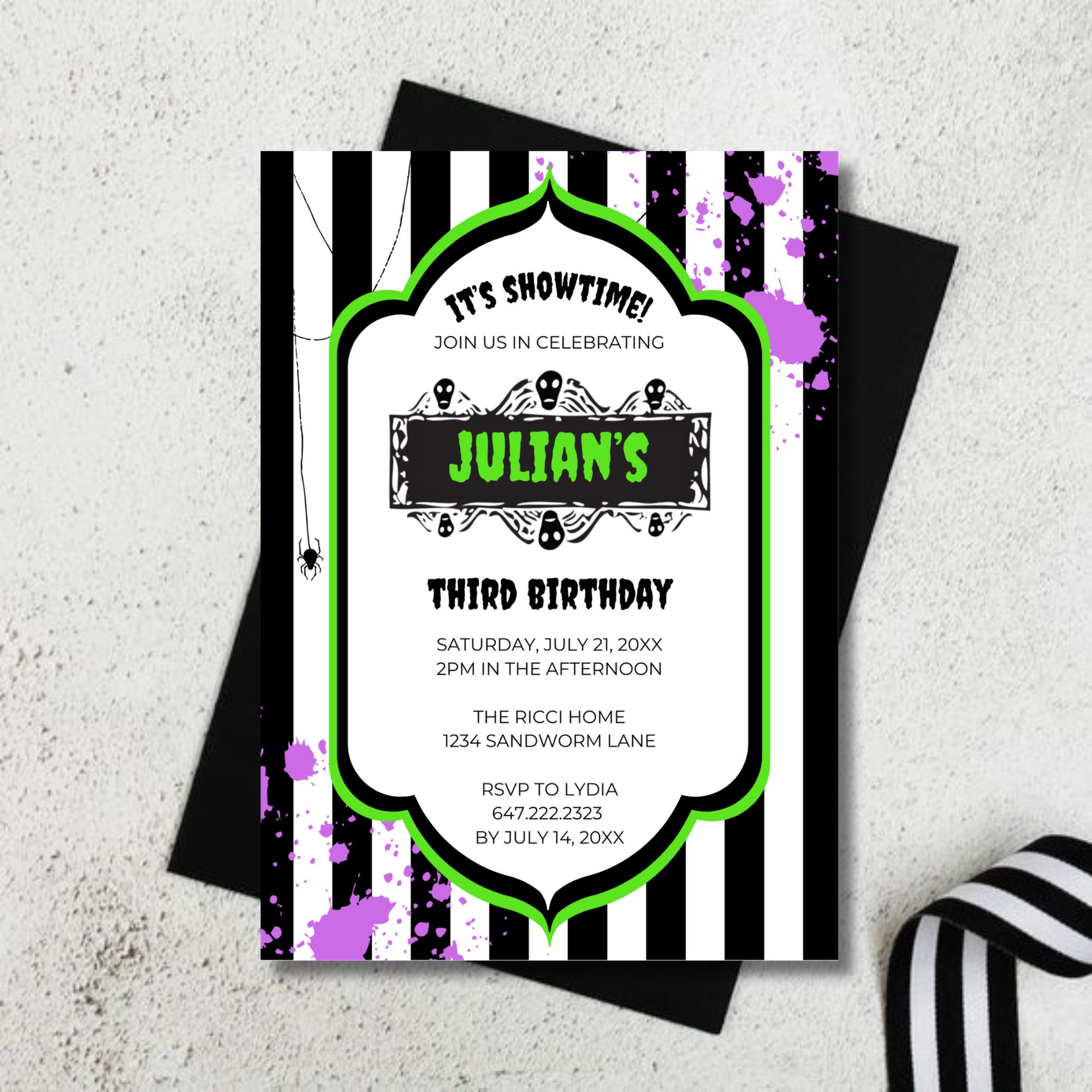 Beetle Birthday Invitation, Black and White Striped Birthday Invitation ...