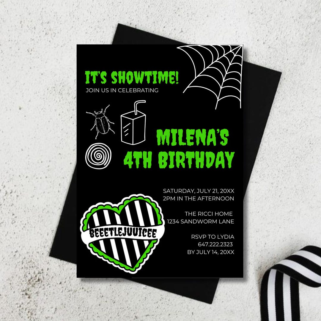 Beetle Birthday Invitation: Showtime Theme, Black & White Stripe (canva ...