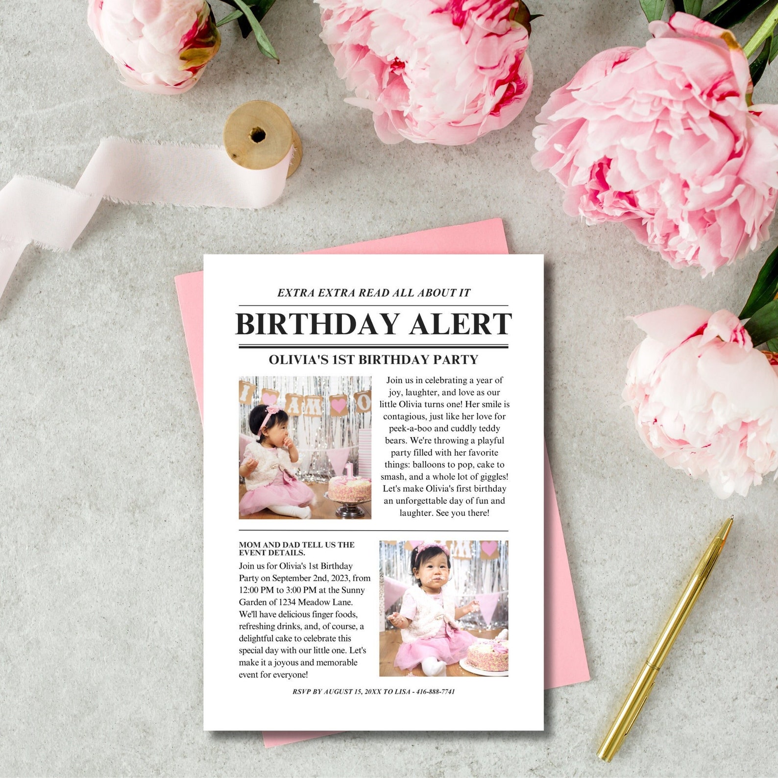 Birthday Newspaper Invitation Template, First Birthday Invitation ...