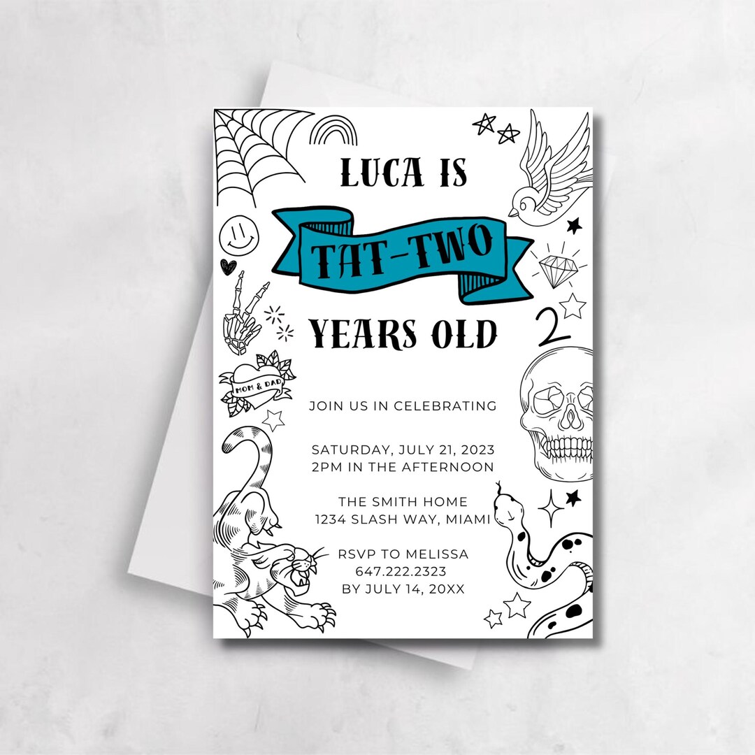 Tat-two Birthday Invitation, Tattoo Theme 2nd Birthday Party Invite ...