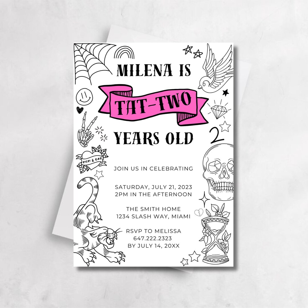 Tat-two Birthday Invitation, Tattoo Flash, 2nd Birthday (editable in ...