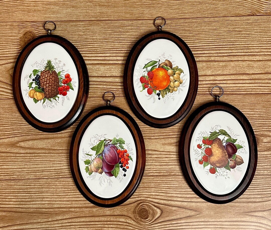 Vintage Jerry Schultz Company Wood Framed Fruit Wall Art Set of 4 Vtg Kitchen Decoration Kitchen ...