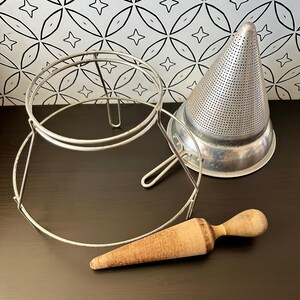 Vintage Aluminum Hand Strainer With Stand and Wood Pestle; Vintage ...