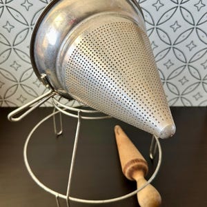 Vintage Aluminum Hand Strainer With Stand and Wood Pestle; Vintage ...