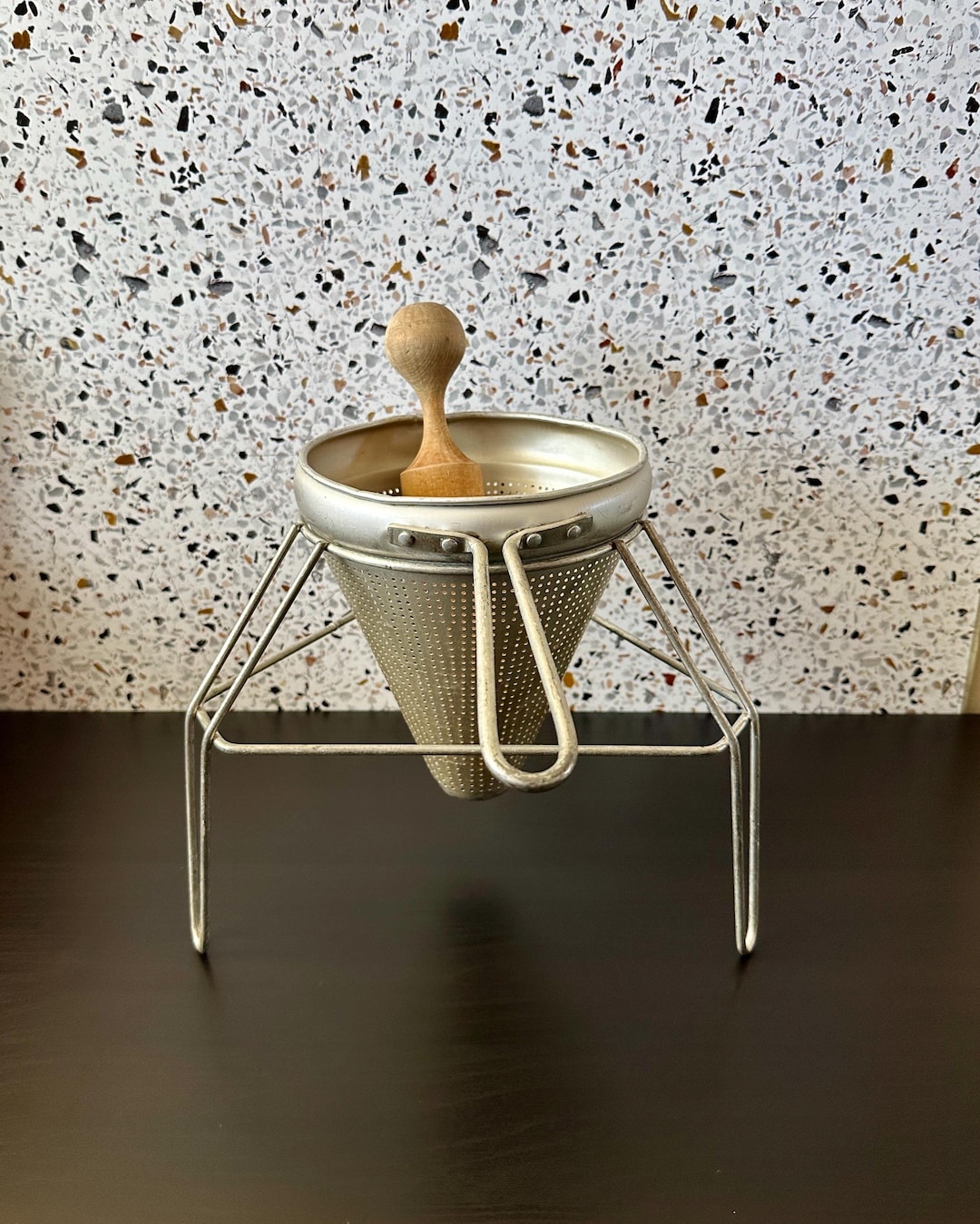 Vintage Aluminum Hand Strainer With Stand and Wood Pestle; Vintage ...