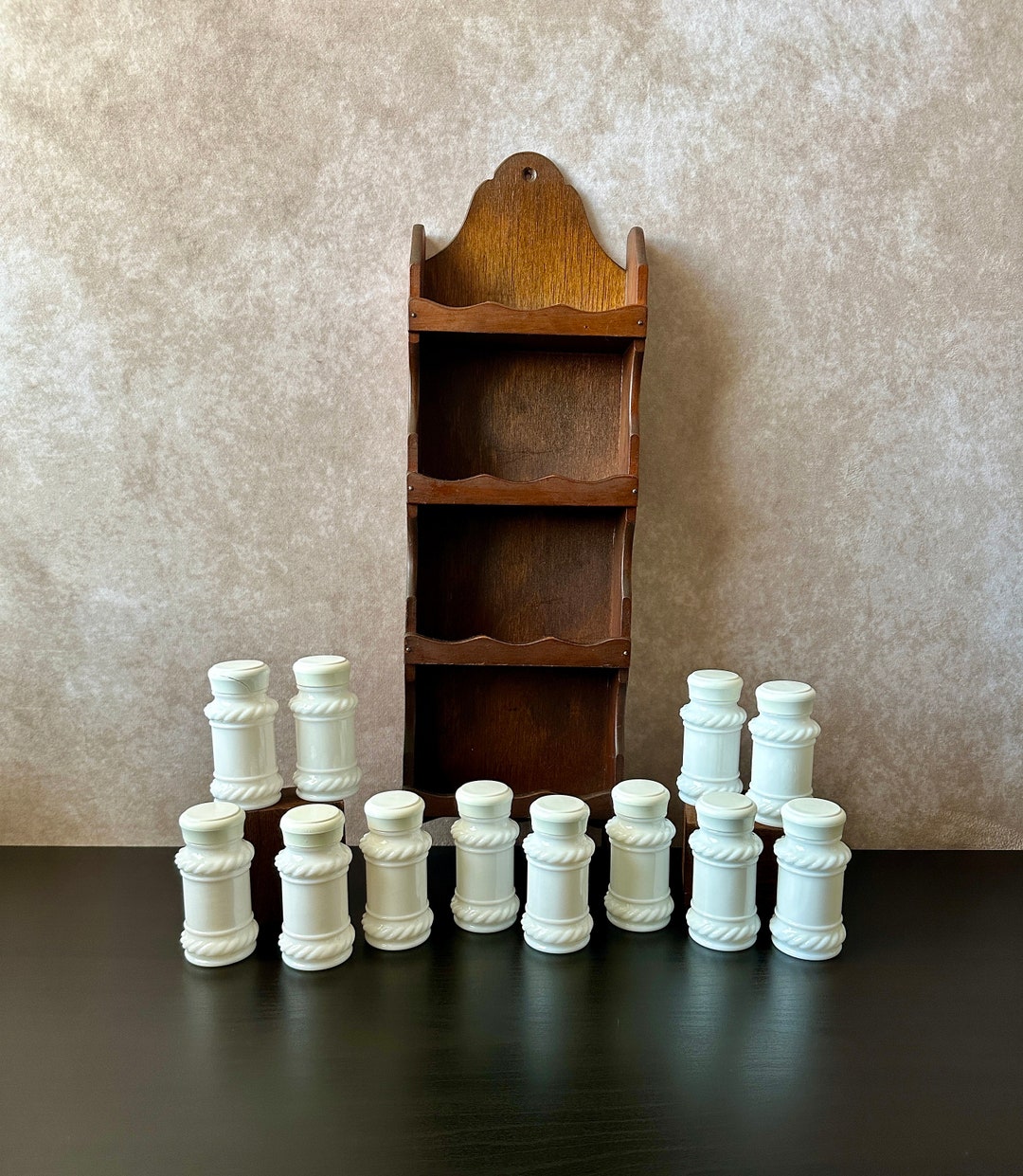 Vintage Wood Spice Rack With 12 Milk Glass Spice Jars Vtg Retro Milk ...