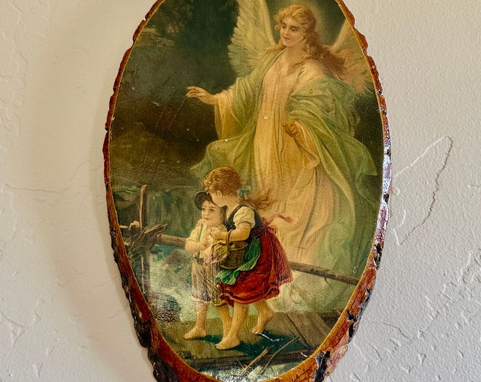 1958 Guardian Angel Wood Plaque; Vintage; Vtg; Angel; Watchful Angel ...