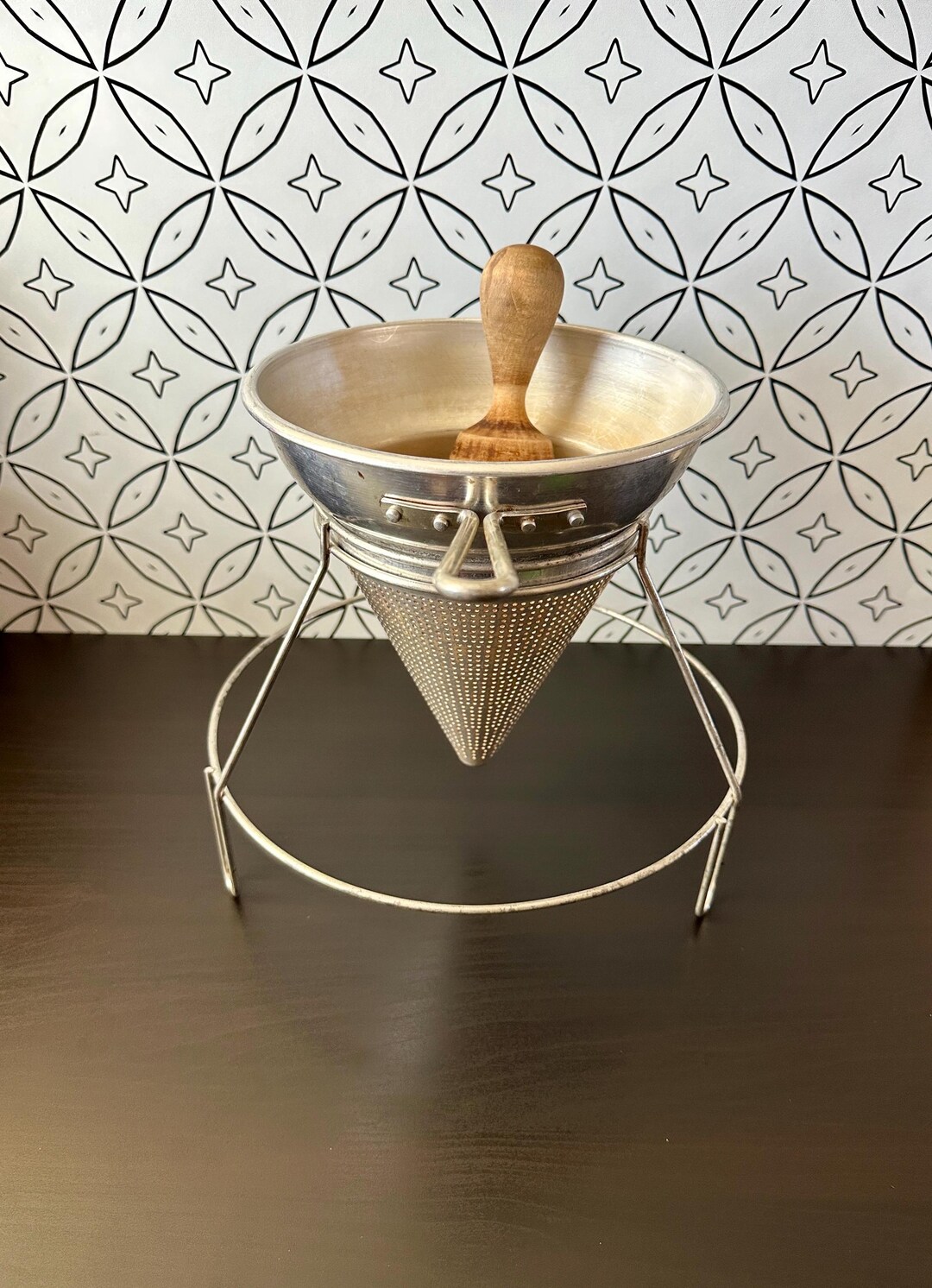 Vintage Aluminum Hand Strainer With Stand and Wood Pestle; Vintage ...
