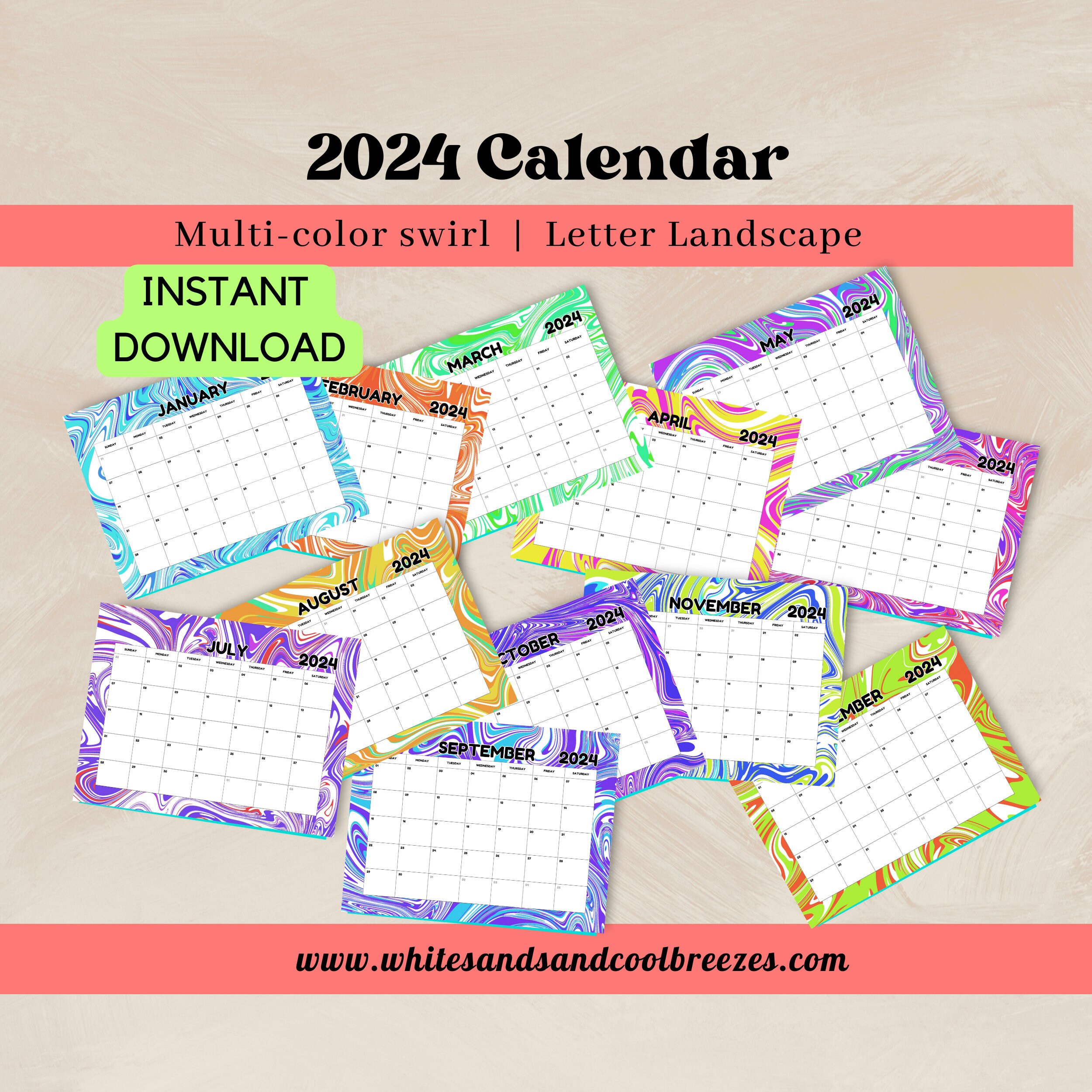 2024 Calendar Printable Year Colorful 2024 Wall Calendar 2024 Calendar ...