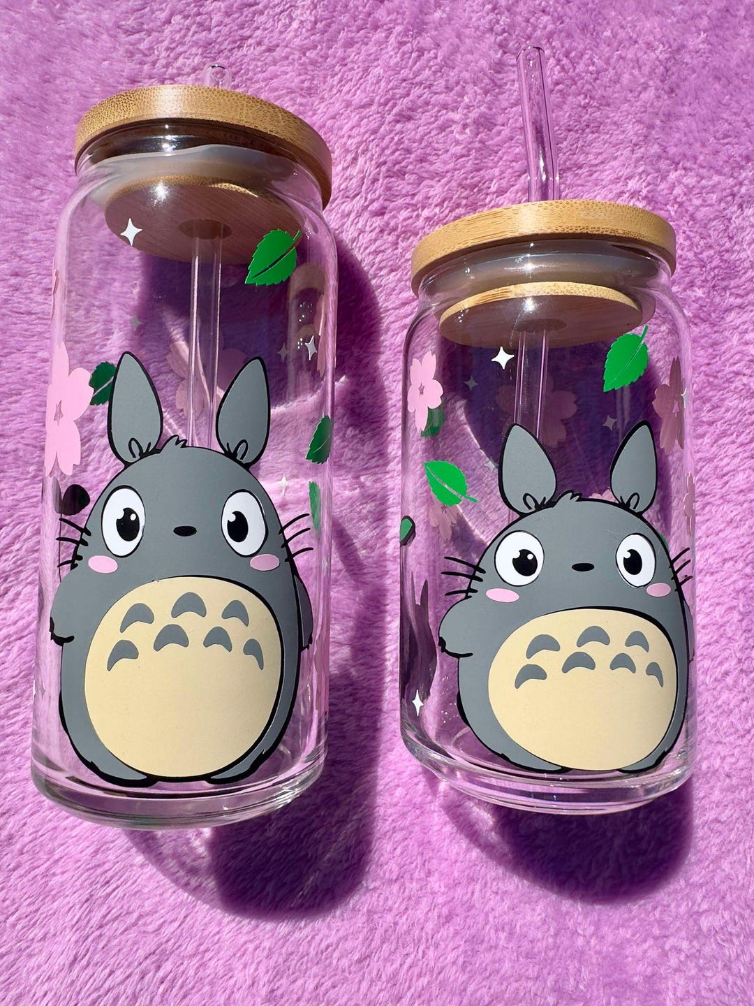 Custom Anime Grey Cat Cherry Blossoms Beercan Glass With Lid and Straw ...