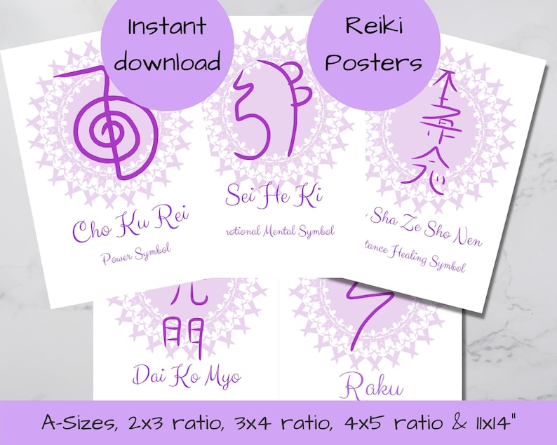 5 carteles de símbolos de Reiki Usui en púrpura 20 tamaños imprimibles Descarga instantánea ...