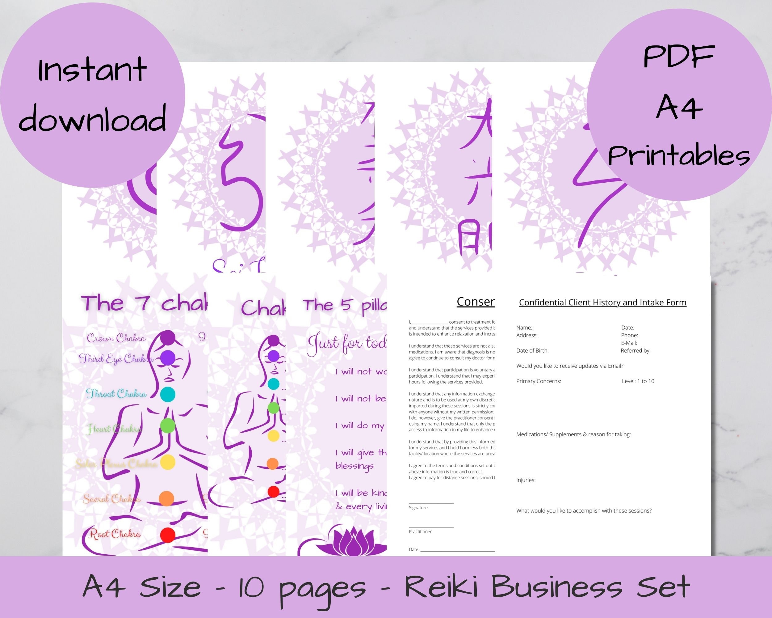 Reiki Usui Practitioner Pack Reiki Symbols Chakra 5 Principles Consent ...