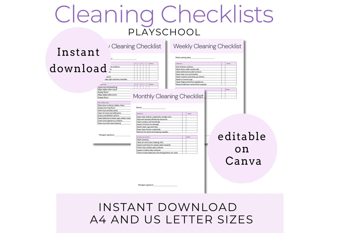 Digital Editable Printable Cleaning Checklists for Playschool or ...