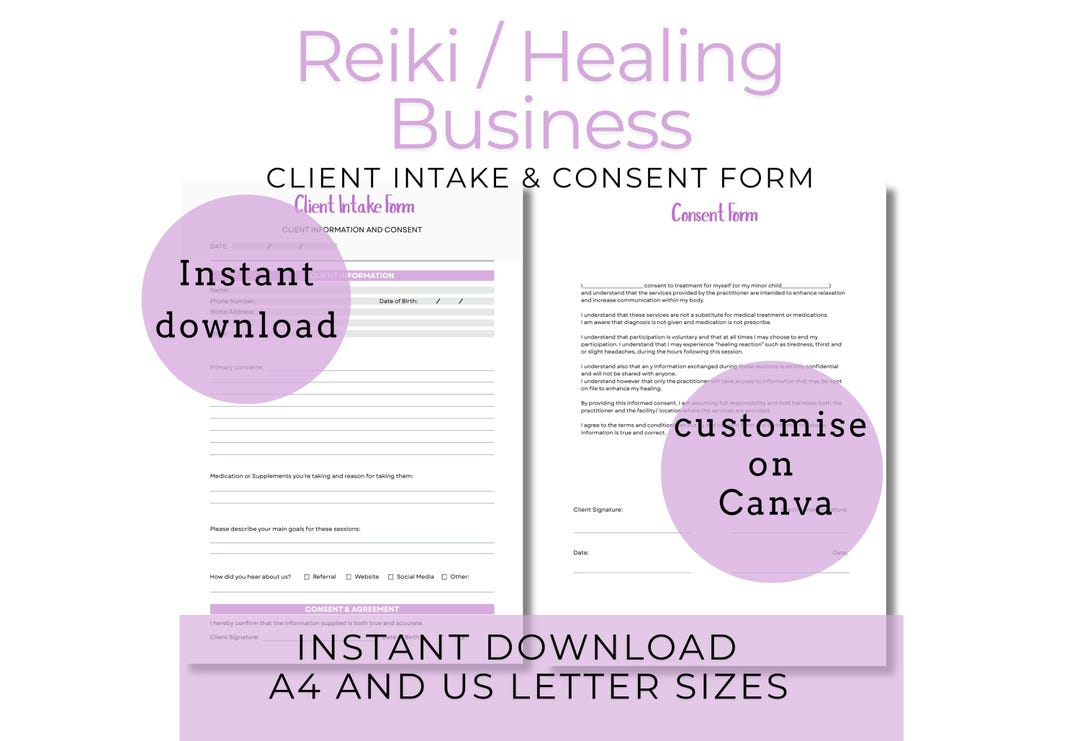 Printable Editable Reiki Healing Business Consent & Client Intake Forms ...