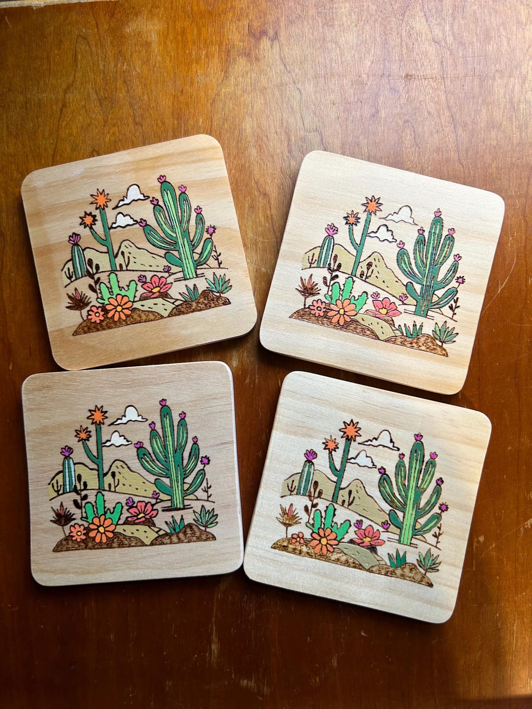 Hand Burned Hand Painted Cactus Desert Set of 4 Square Coasters - Etsy