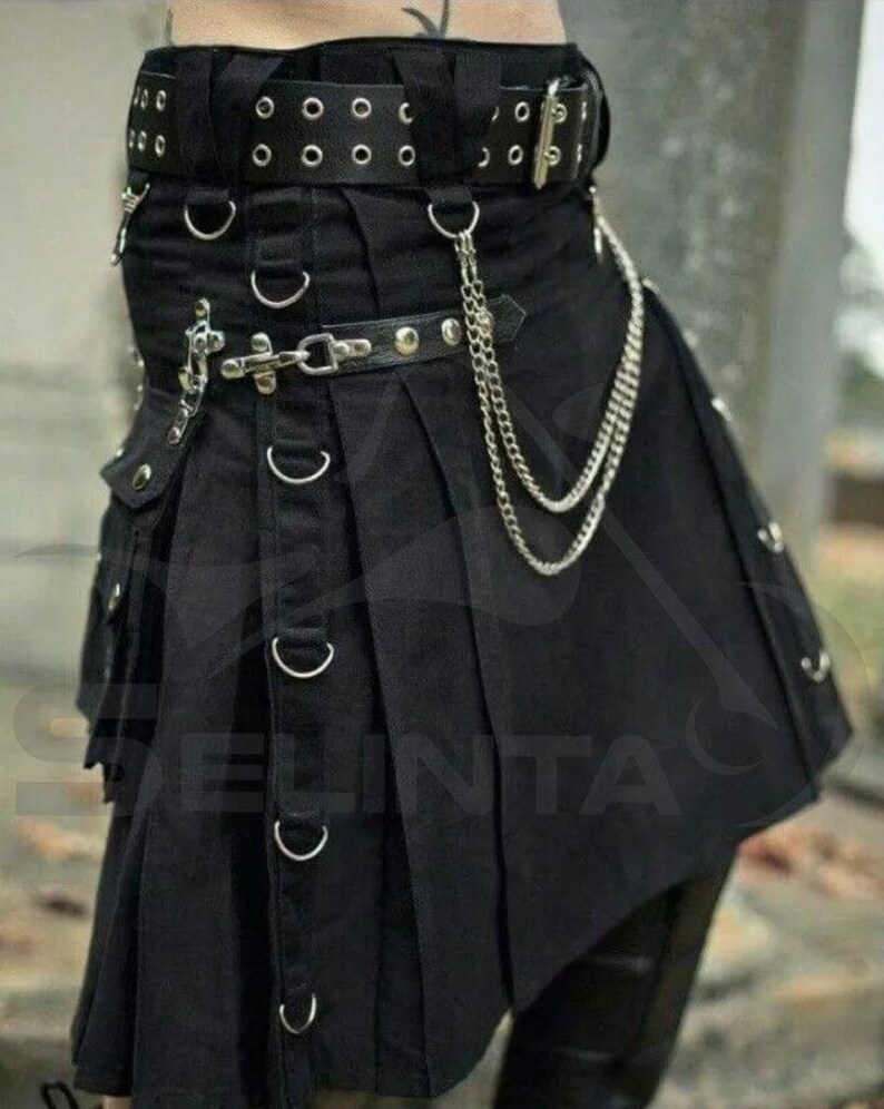 Mens Handmade Scottish Tactical Kilt Black Utility Fashion Gothic Kilt ...