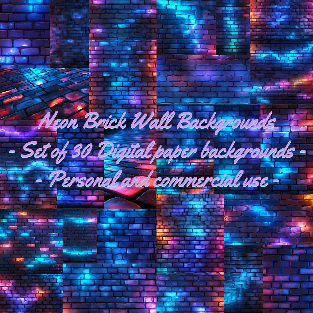 Neon Brick Wall Backgrounds - Digital Paper - Set of 30 Backgrounds ...