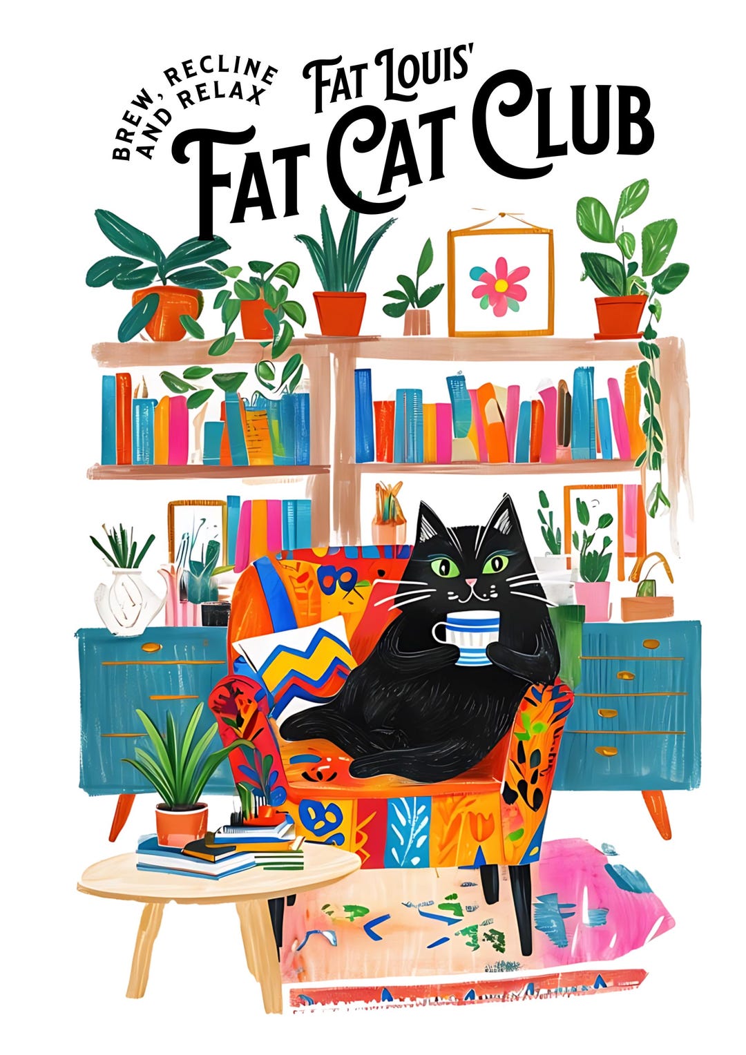 Fat Louis Fat Cat Club – Cute Black Cat Drinking Tea Digital Print ...
