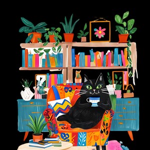 Fat Louis Fat Cat Club – Cute Black Cat Drinking Tea Digital Print ...