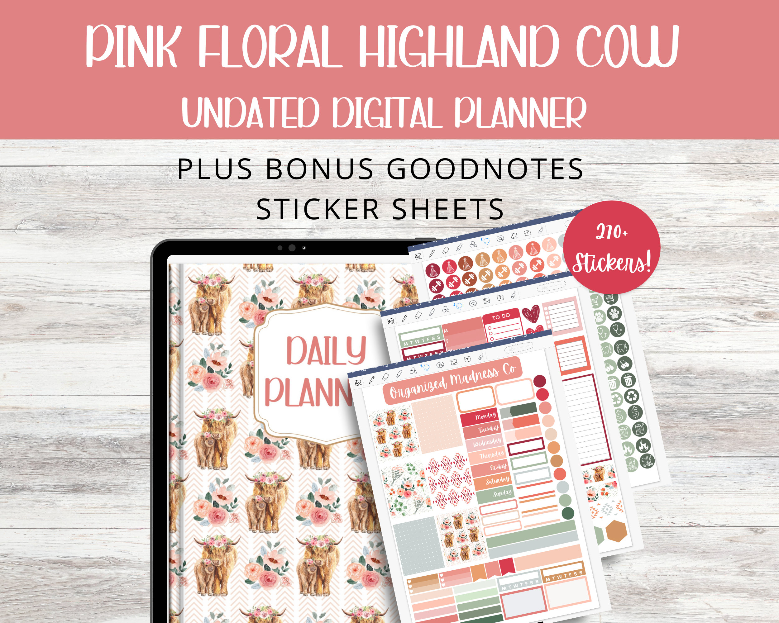 Highland Cow Undated Digital Planner | Watercolor Floral Goodnotes ...