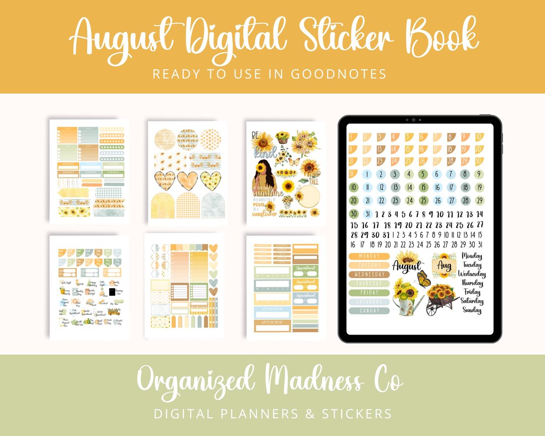 August Digital Planner Stickers | Sunflower Sticker Book Goodnotes File ...
