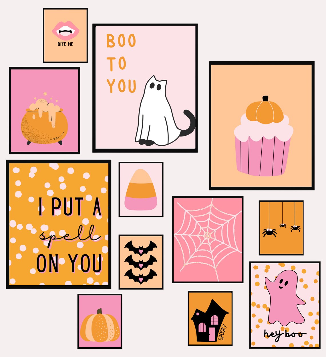 Pink and Orange Halloween Print Bundle, Cute Halloween Wall Art, 12 ...