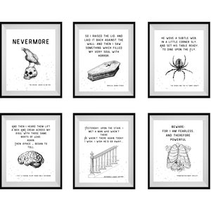 Halloween Literature Quotes Print Set, Gothic Black & White Wall Art ...