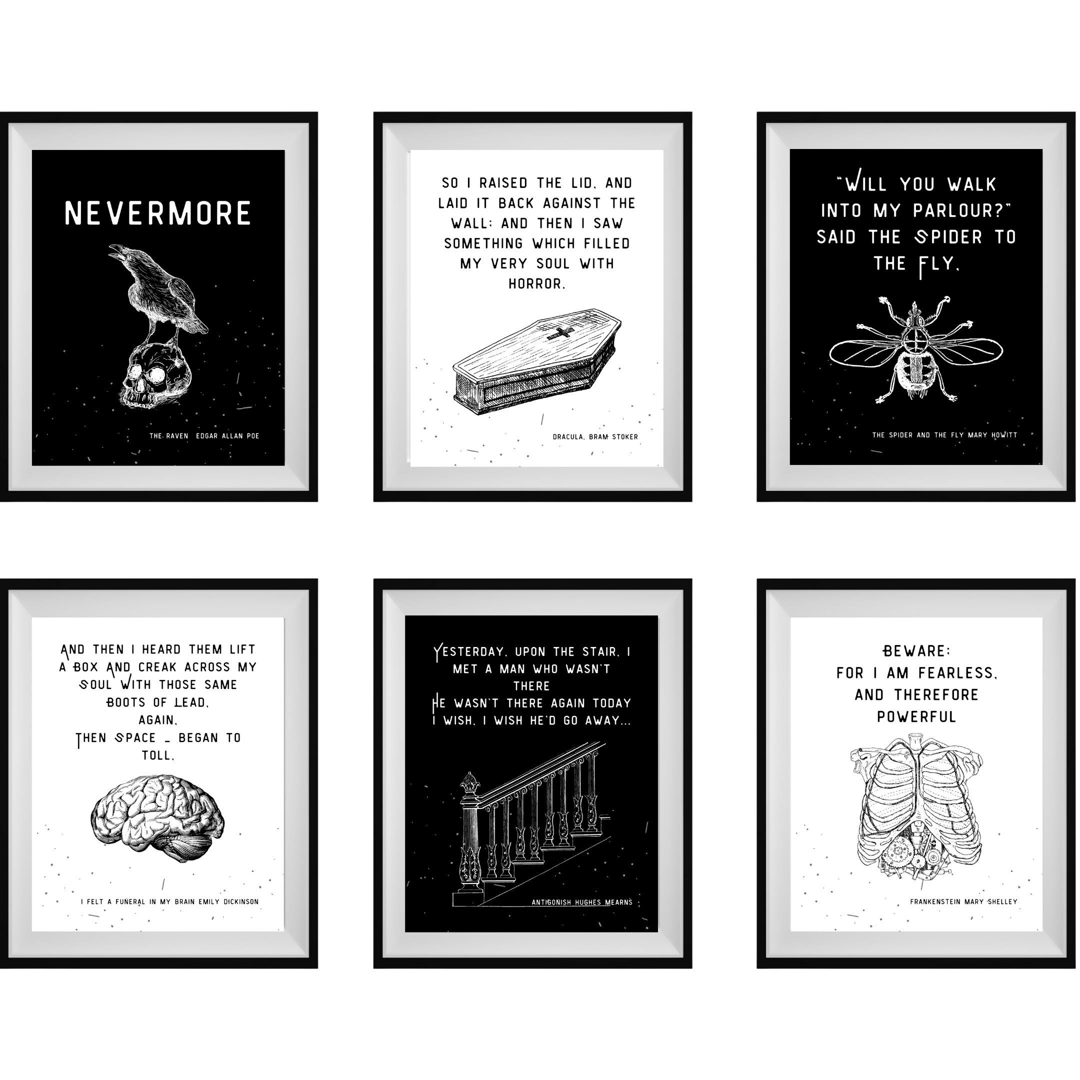 Halloween Literature Quotes Print Set, Gothic Black & White Wall Art ...