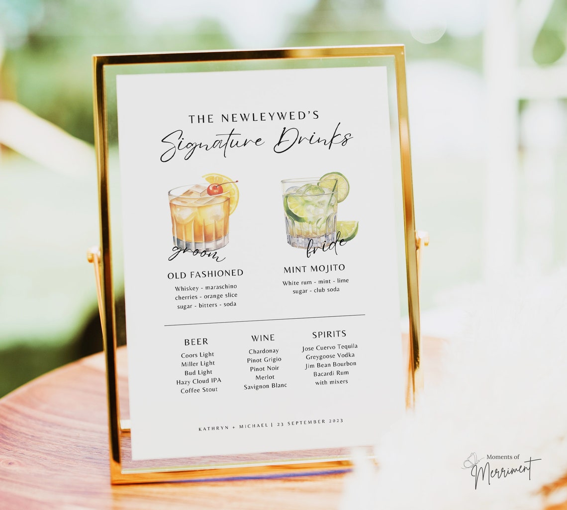 Minimalist Cocktail Menu Modern Signature Drink Sign Bride and Groom ...