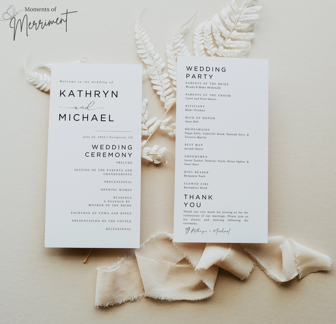 DIY Wedding Program Printable Ceremony Card Modern Order of Service Template Minimalist Wedding ...