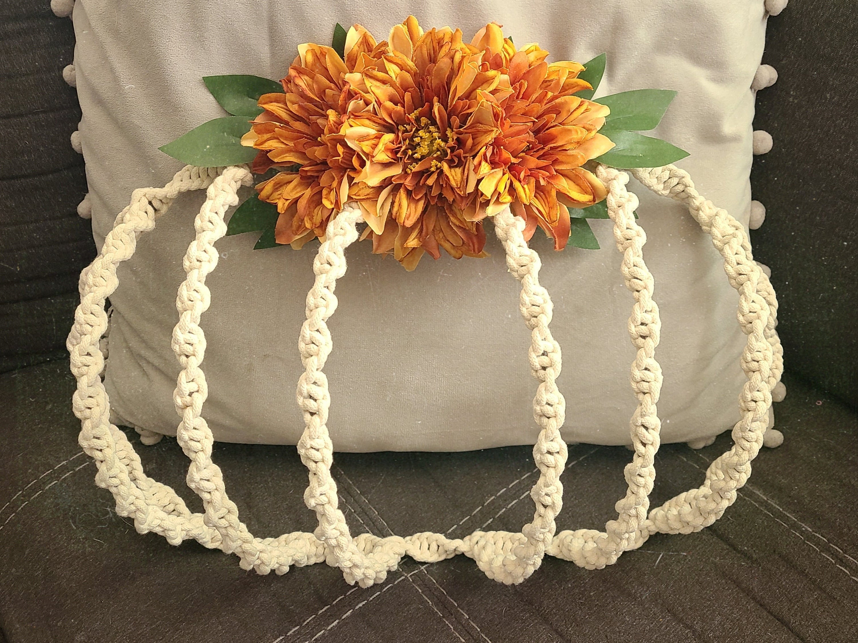 Wired Pumpkin With Macrame Knotting and Floral Embellishments, Handmade ...