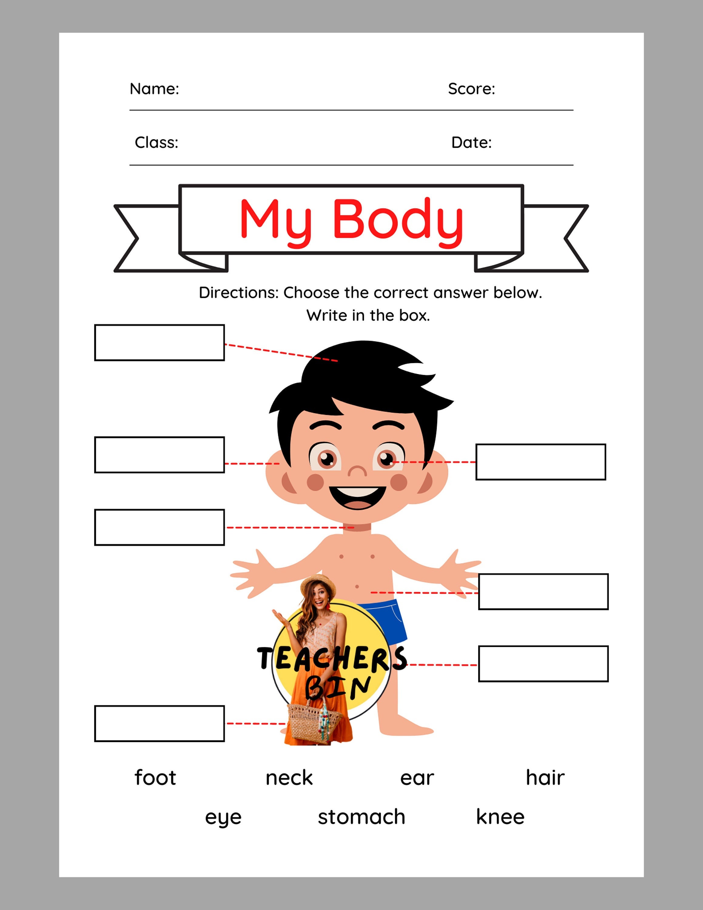 Boy Body Parts Minimalist Worksheet for Word Teachers Bin - Etsy