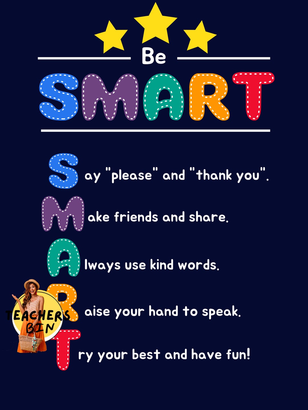 Editable Be Smart Colorful Classroom Expectations Poster for - Etsy