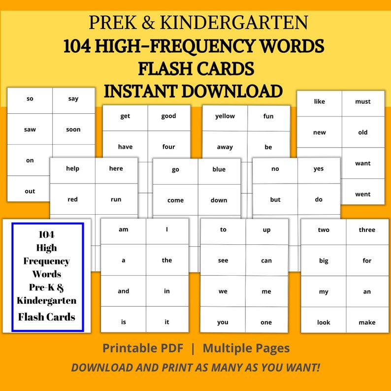 Prek-kindergarten Flash Cards, 104 High Frequency Words, Sight Words ...
