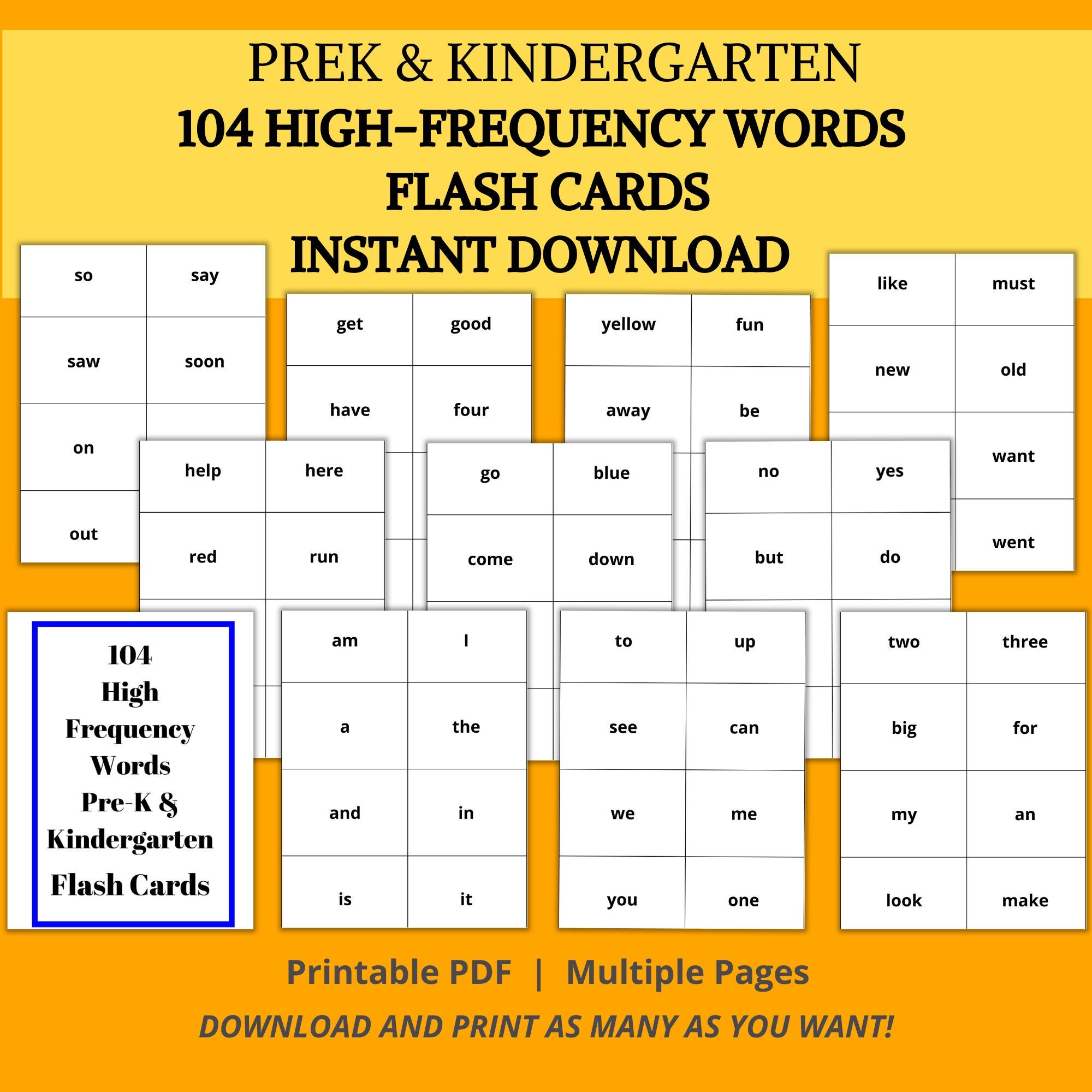 Prek-kindergarten Flash Cards, 104 High Frequency Words, Sight Words ...