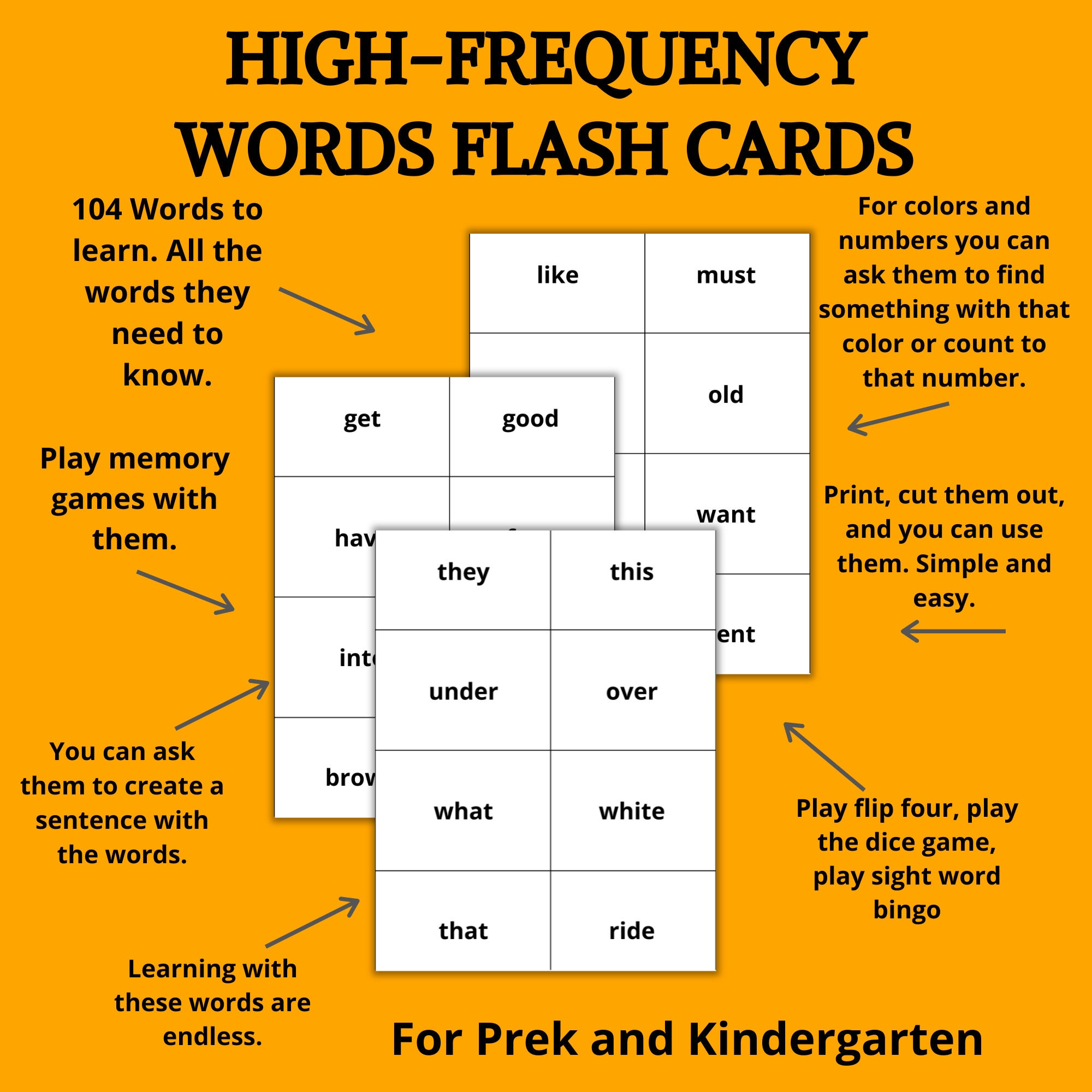 Prek-kindergarten Flash Cards, 104 High Frequency Words, Sight Words ...