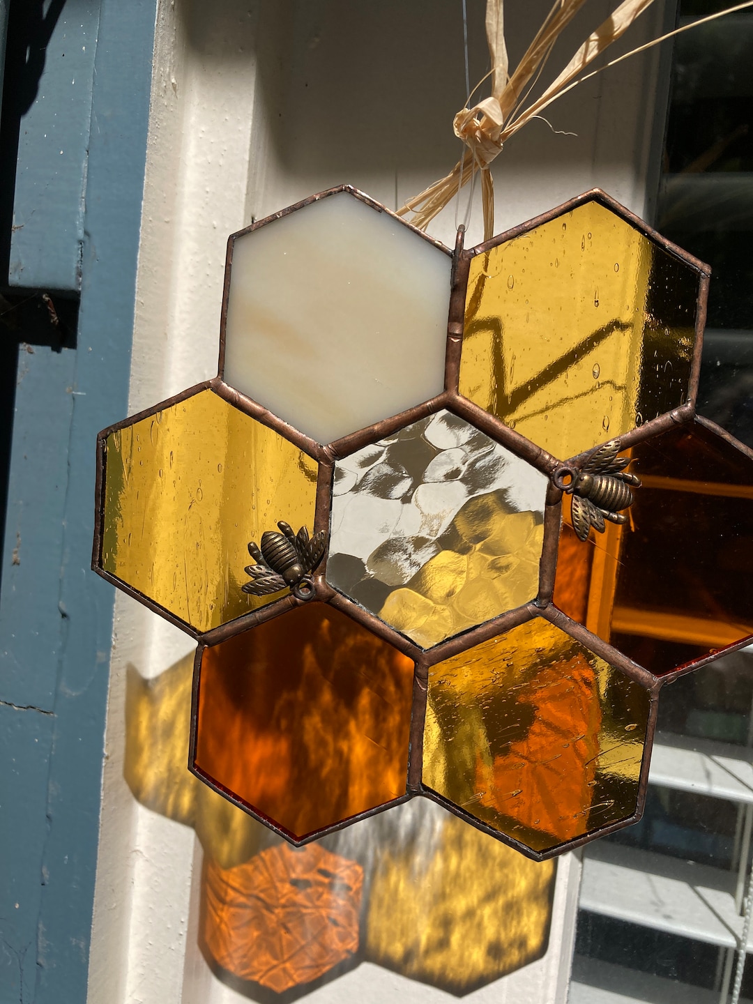 Stained Glass Honeycomb With Bees, Handmade Stained Glass Window ...