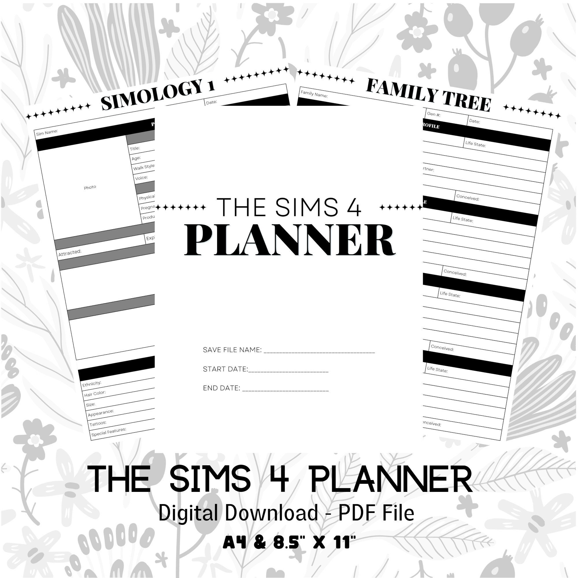 Sims 4 Planner black/white Log Book Tracker Instant Download - Etsy