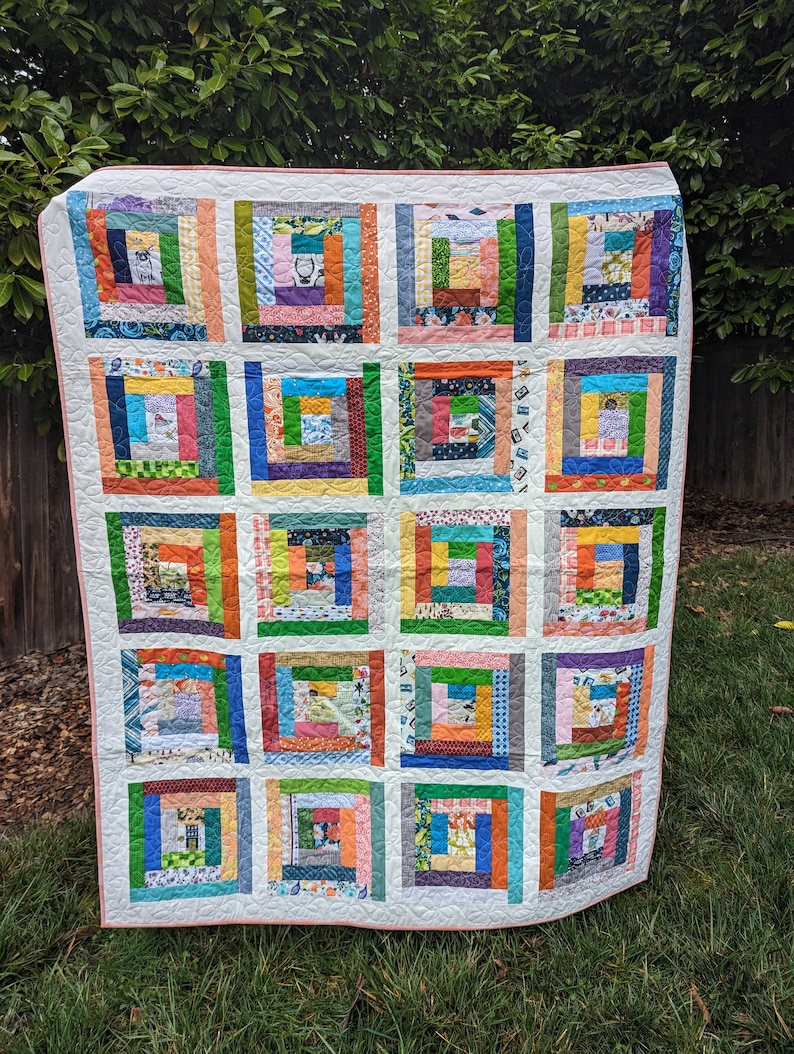 Scrappy Log Cabin Block Quilt / Handmade Throw Quilt / Quilted Scrappy ...