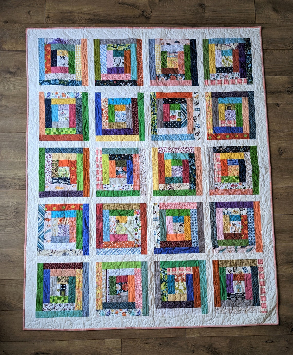 Scrappy Log Cabin Block Quilt / Handmade Throw Quilt / Quilted Scrappy ...