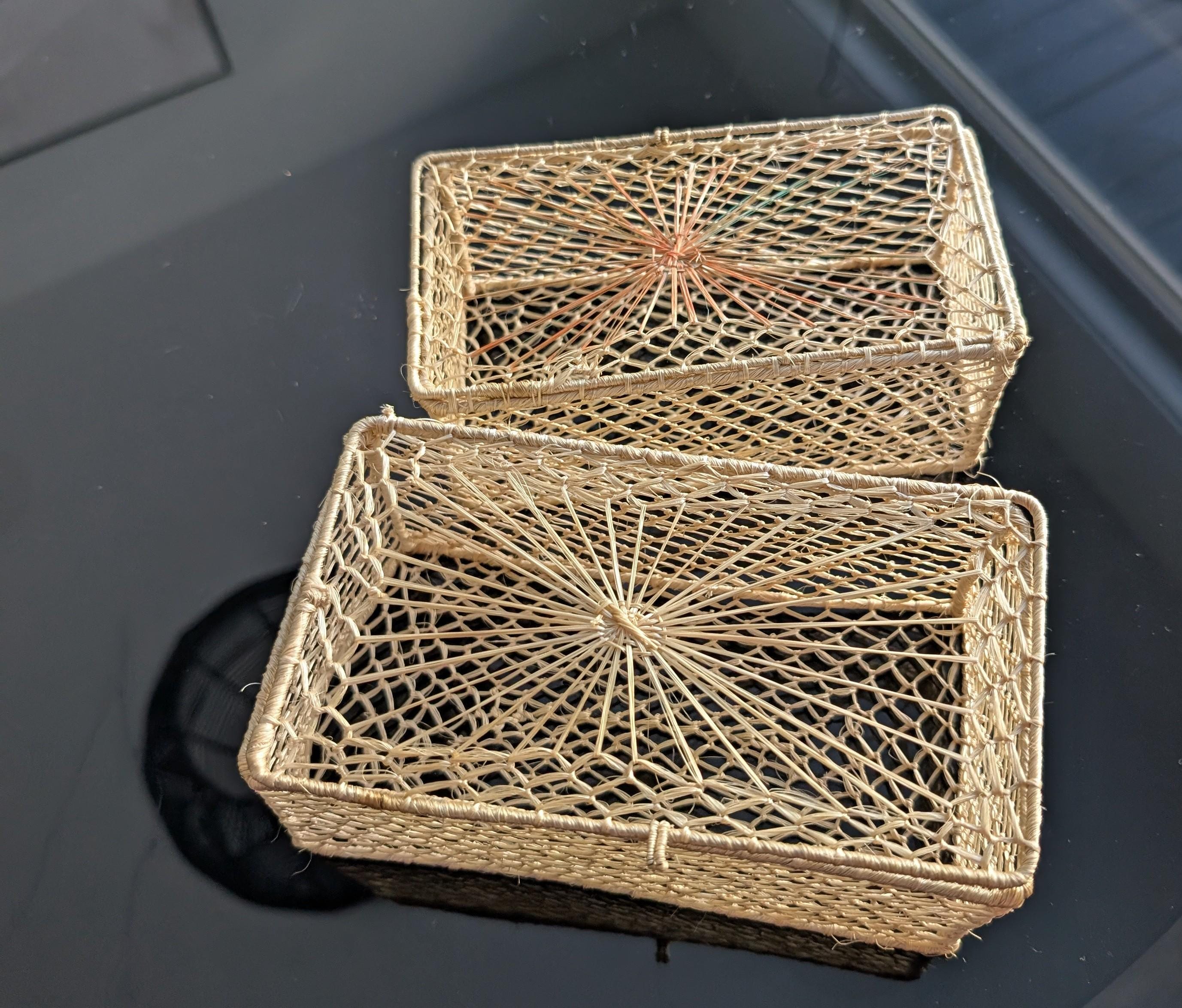 Vintage Two Bamboo Raffia Boxes - Etsy