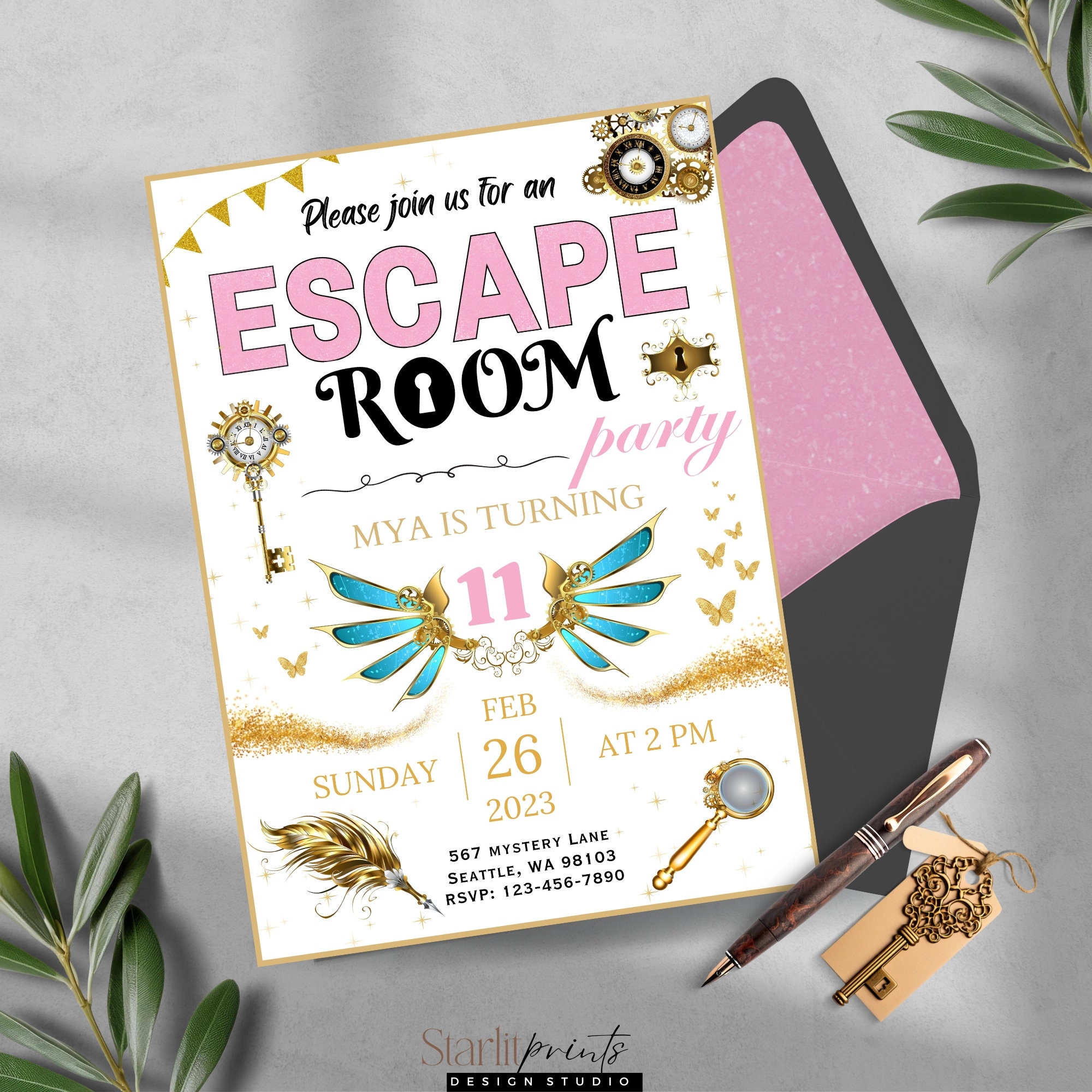 Escape Room Birthday Invitation, Gold and Pink Mystery Birthday ...