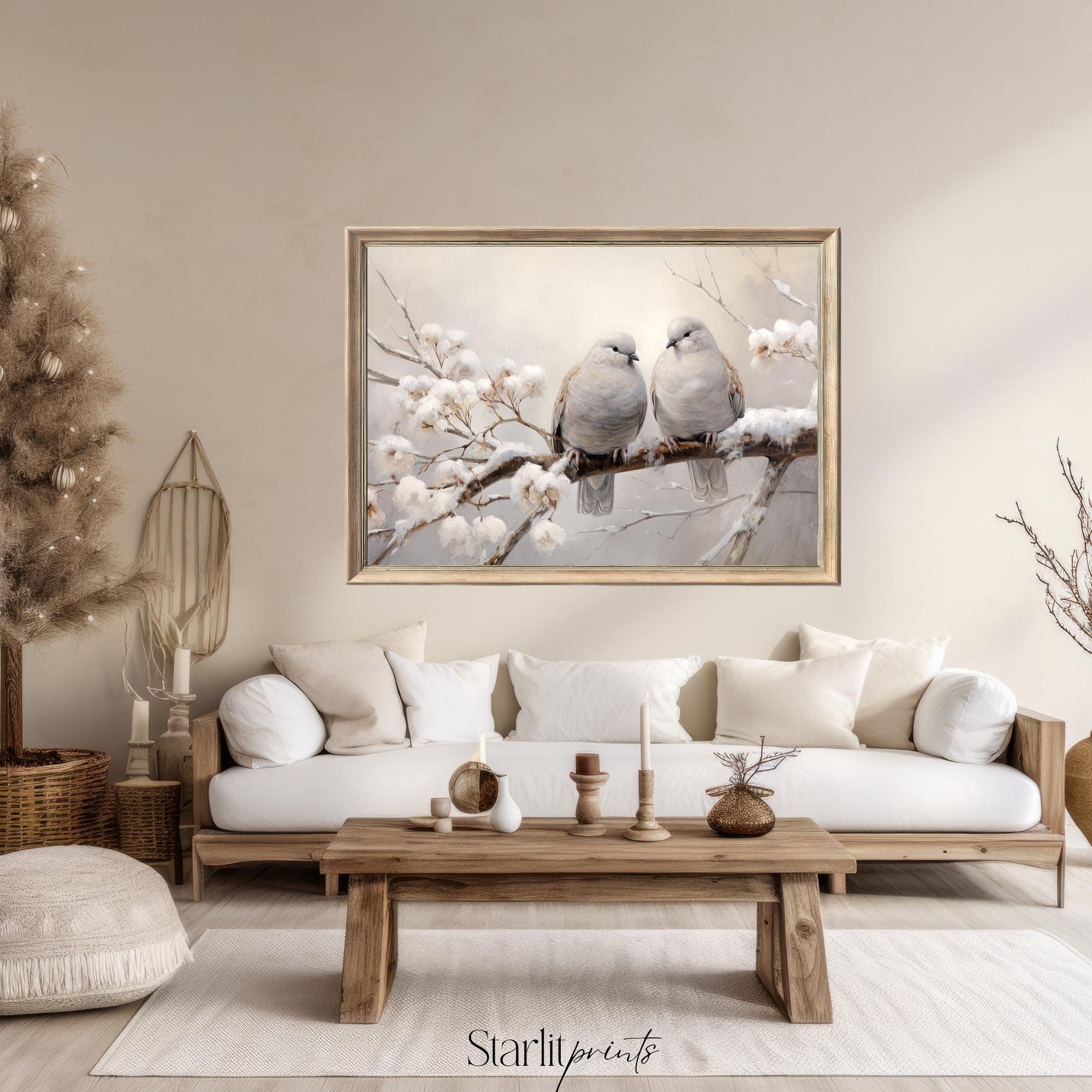 Printable Winter Doves in Snow Wall Art Print Neutral - Etsy