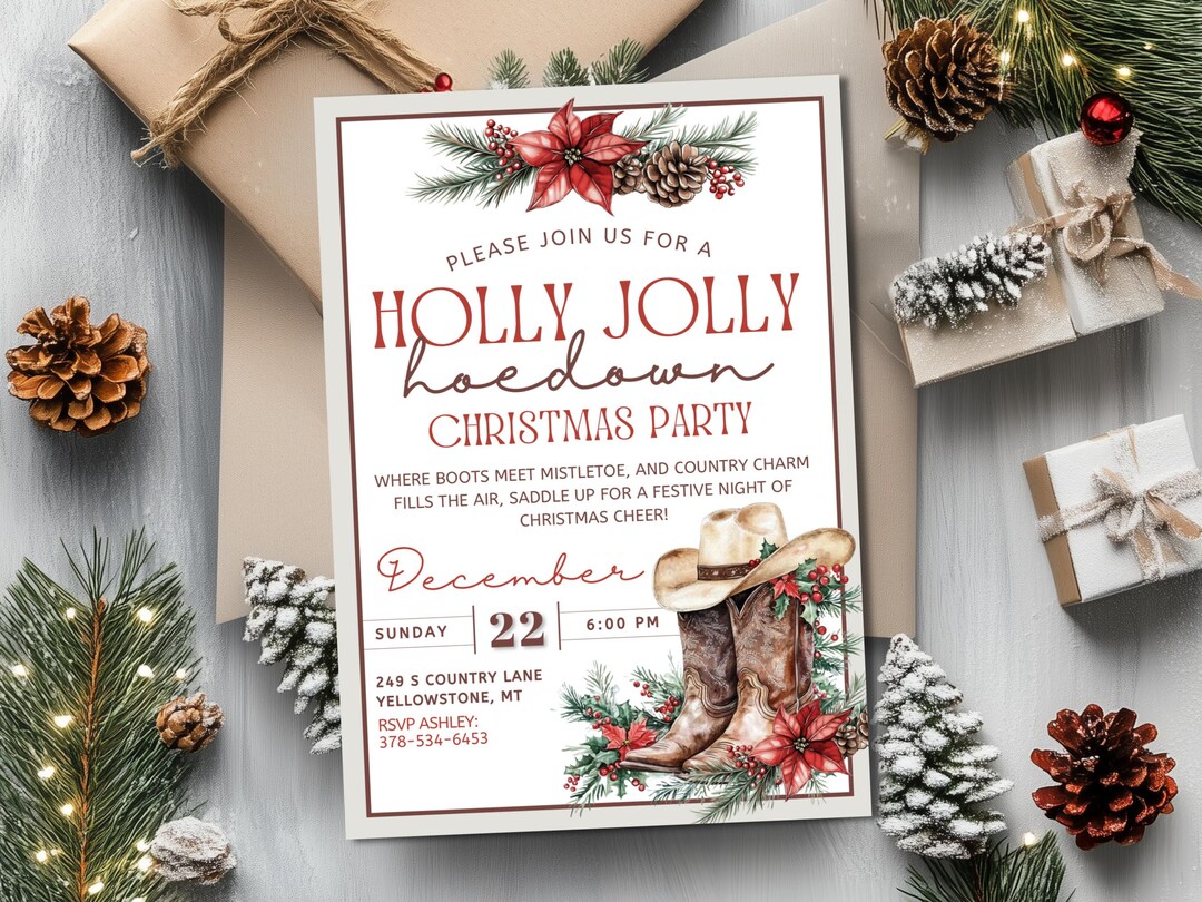 Country Christmas Party Invite, Christmas Party Invitation, Editable ...